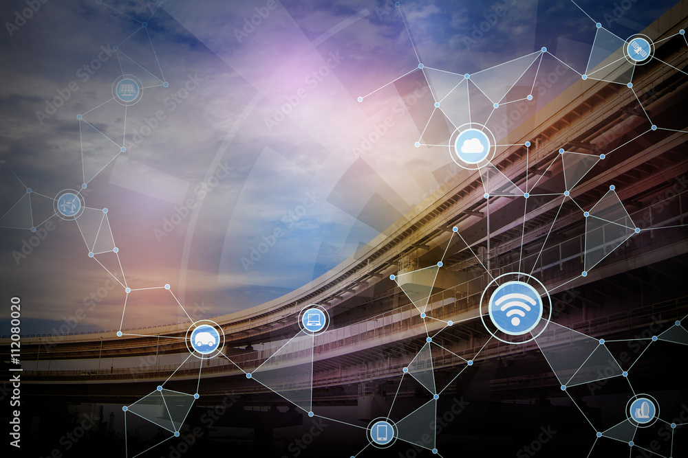 railway viaduct and wireless communication network, abstract image ...