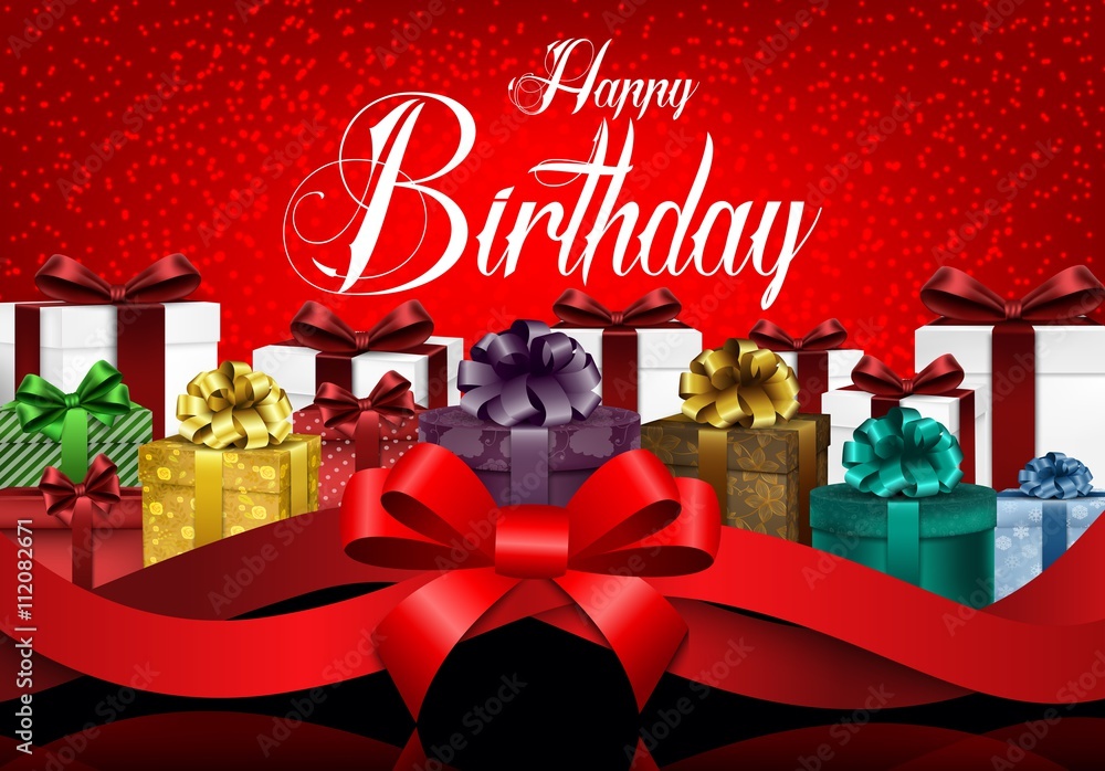 Happy birthday background with color gift boxes and realistic red ...