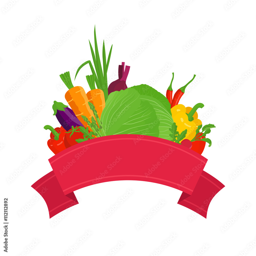 Various types of vegetables. Vegetable label template with red ribbon ...
