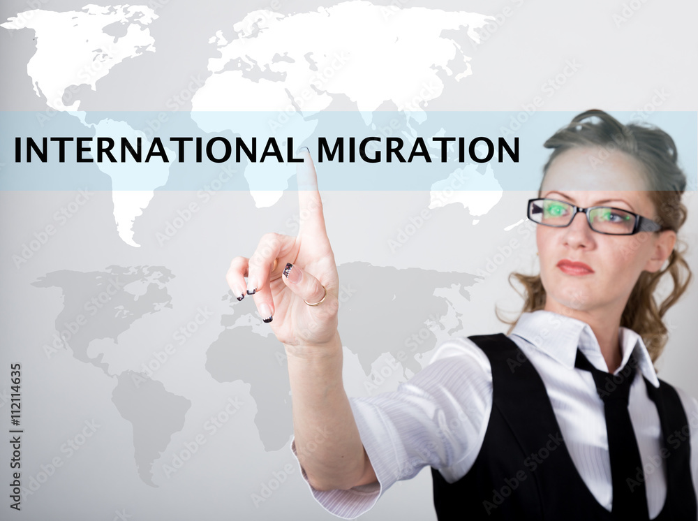International migration written in search bar on virtual screen ...