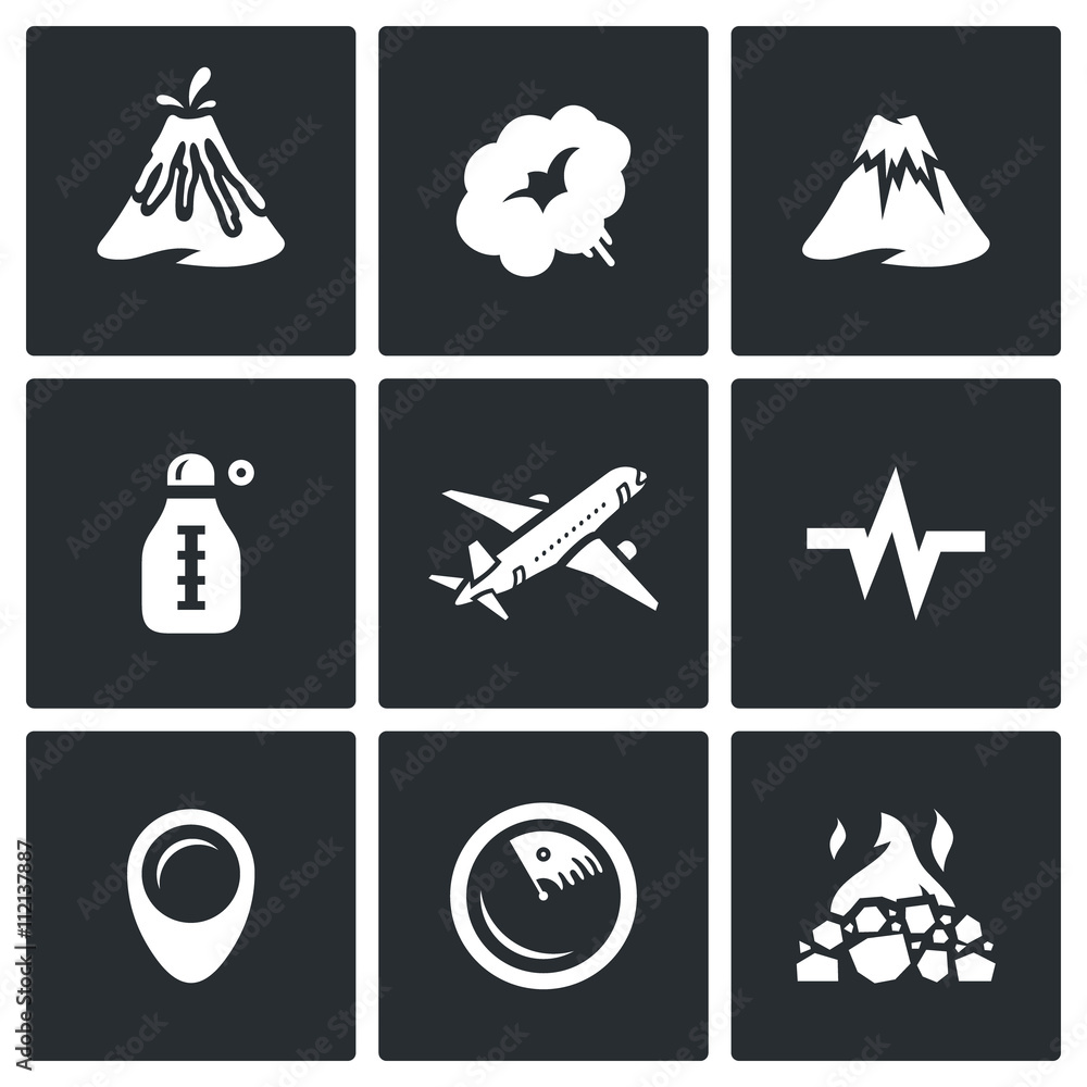 Vector Set of Volcano Icons. Eruption, Smoke, Hill, Temperature, Plane ...