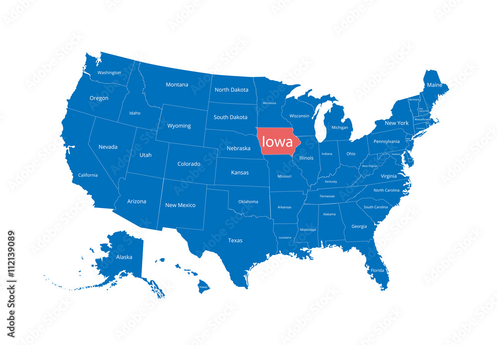 Map of the USA. Image with clipping path and name of states. State mark ...