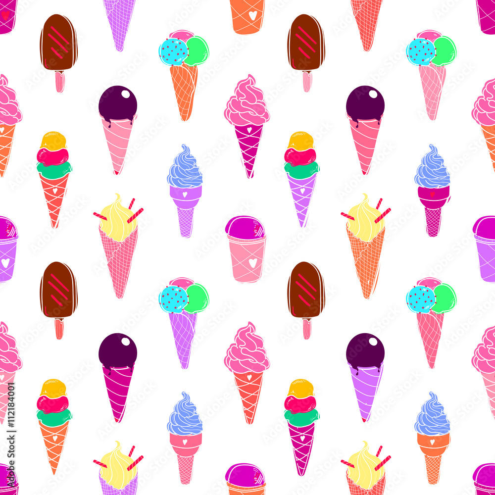Seamless colorful ice cream pattern, hand-drawn summer background, ice ...
