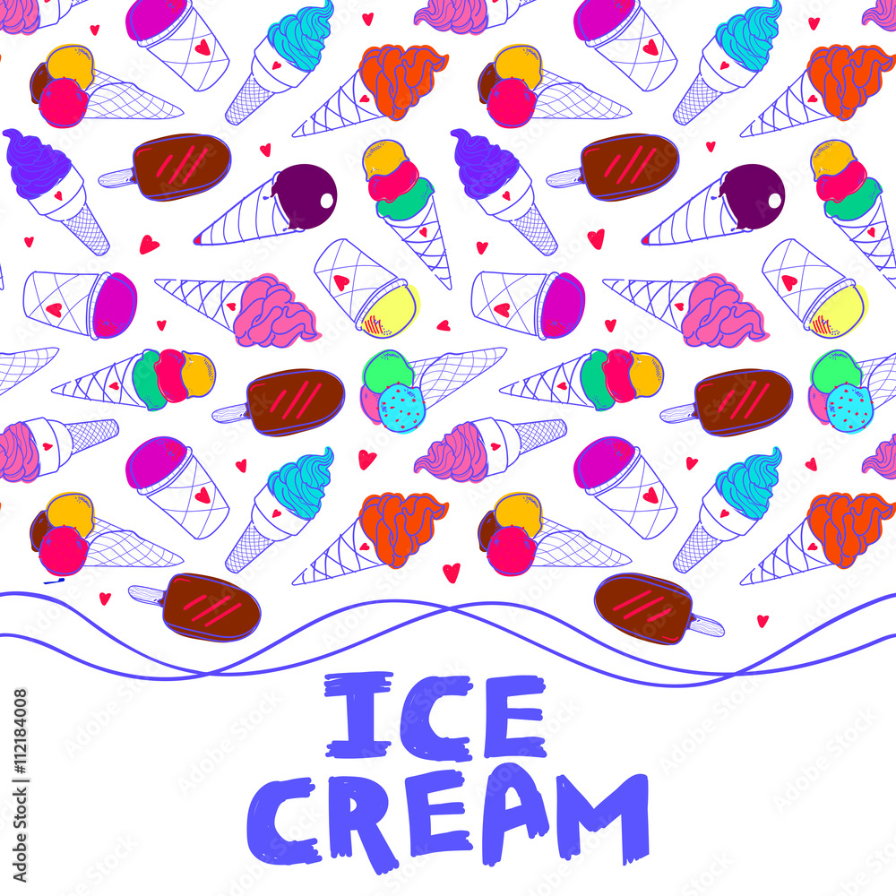 Seamless horizontal border, colorful ice cream pattern, hand-drawn ...