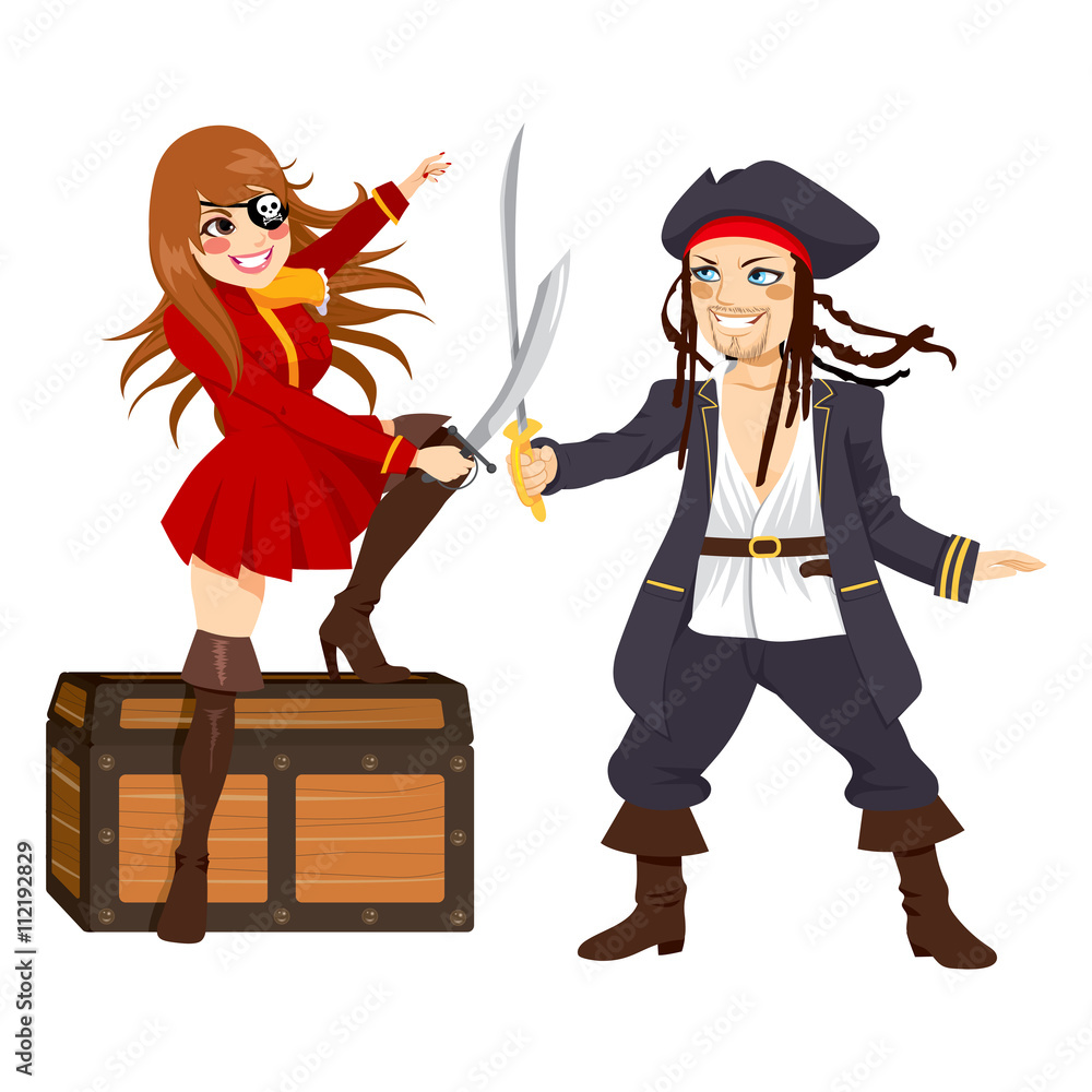 Two brave pirates, one male and one female, fighting with swords over ...