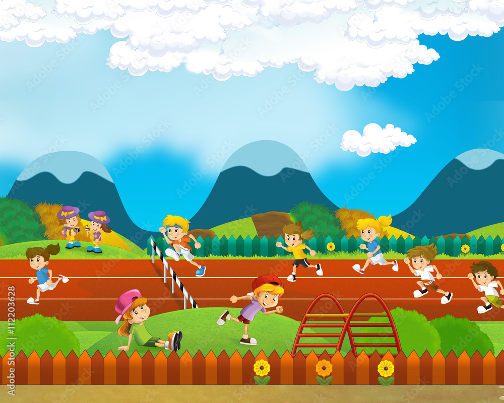 Cartoon scene of school kids running competition or training ...