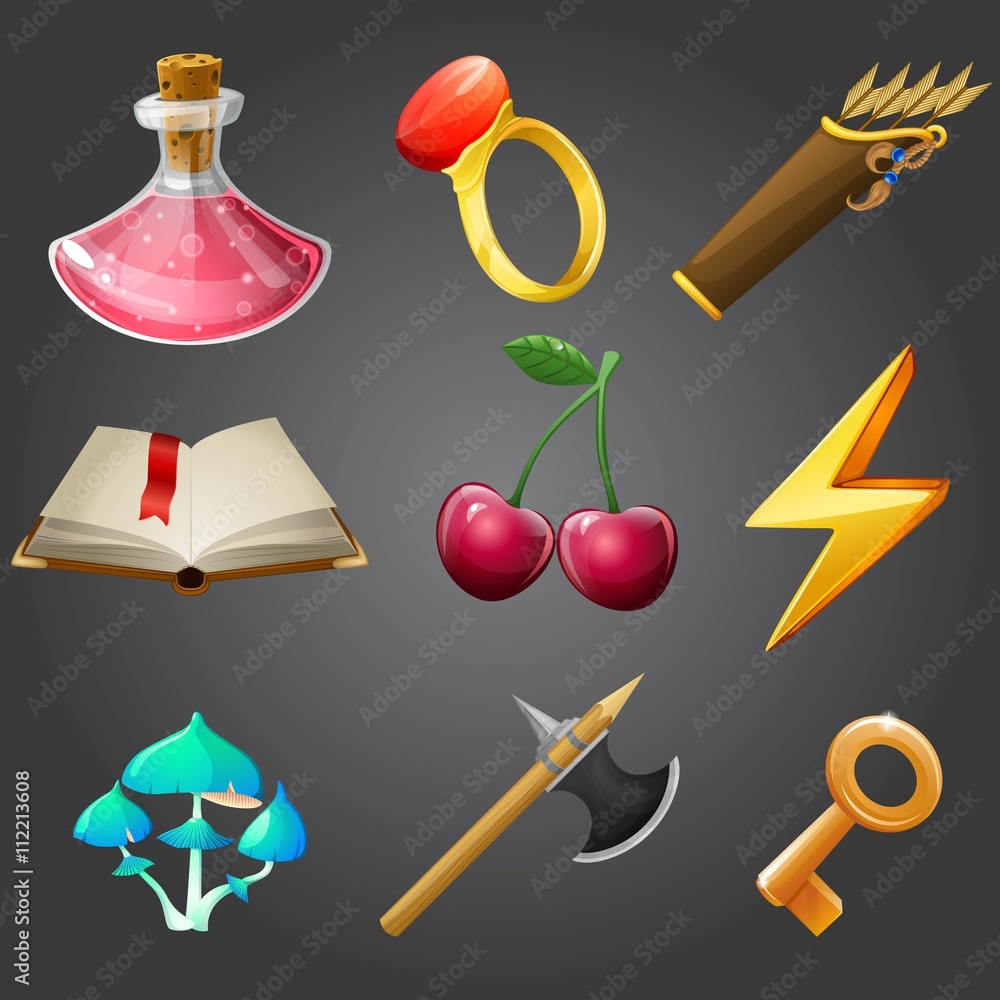 Cartoon icons collection for 2d games Stock Vector | Adobe Stock