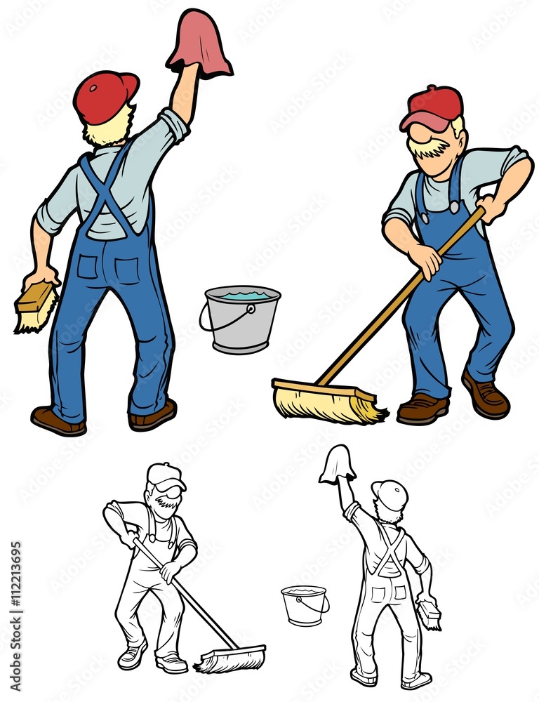 Janitor cleaning up. Comes with black outline versions. Stock Vector ...