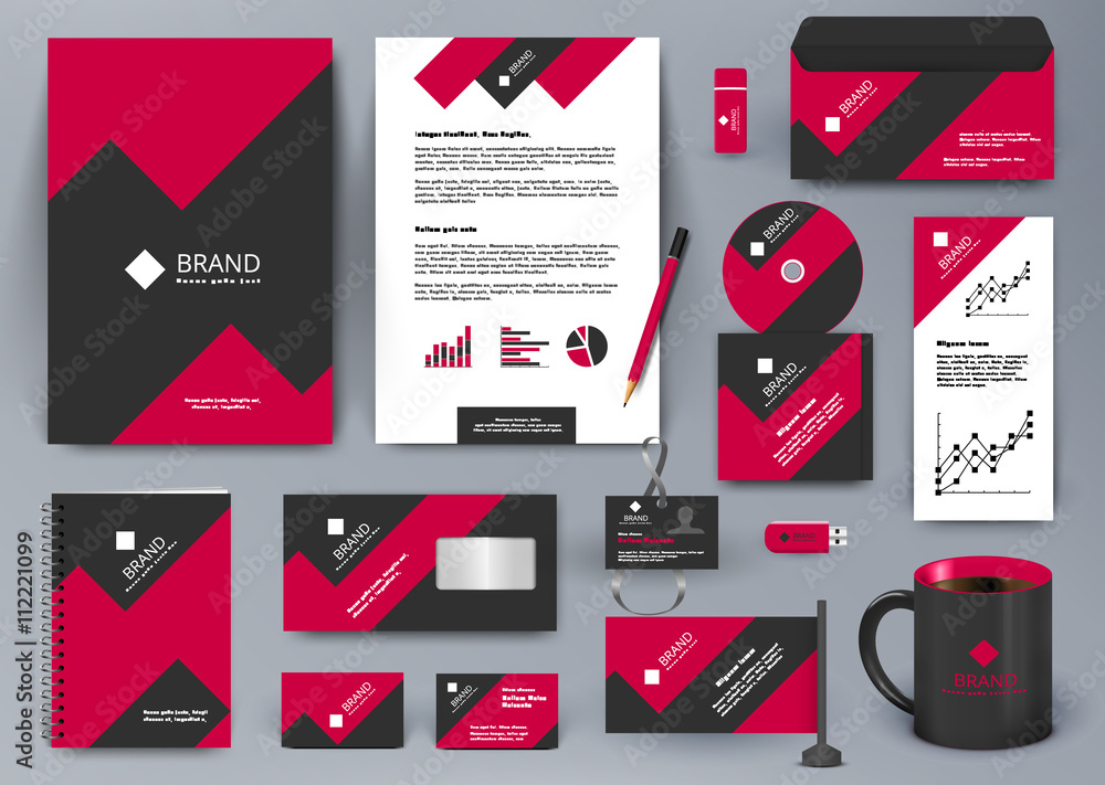 Professional universal branding design kit with red and black geometry ...