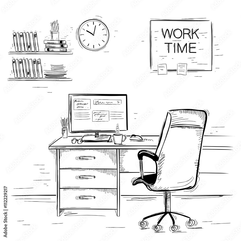 Sketchy illustration of office interior room.Vector graphic imag Stock ...