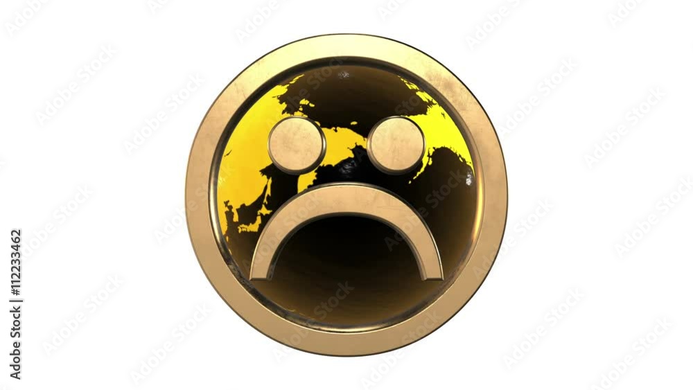 Looped animation: 3d golden sad smiley face emoticon against the ...