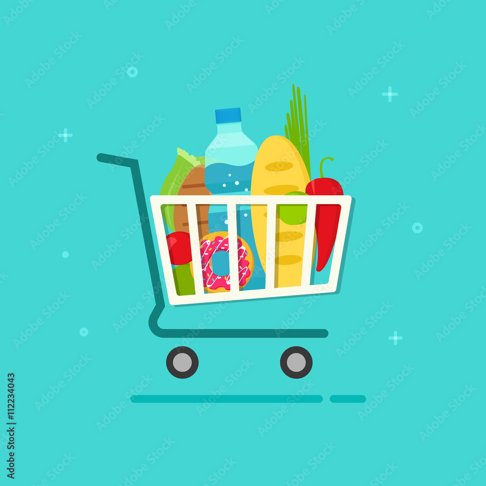 Grocery cart vector illustration isolated on color background, flat ...