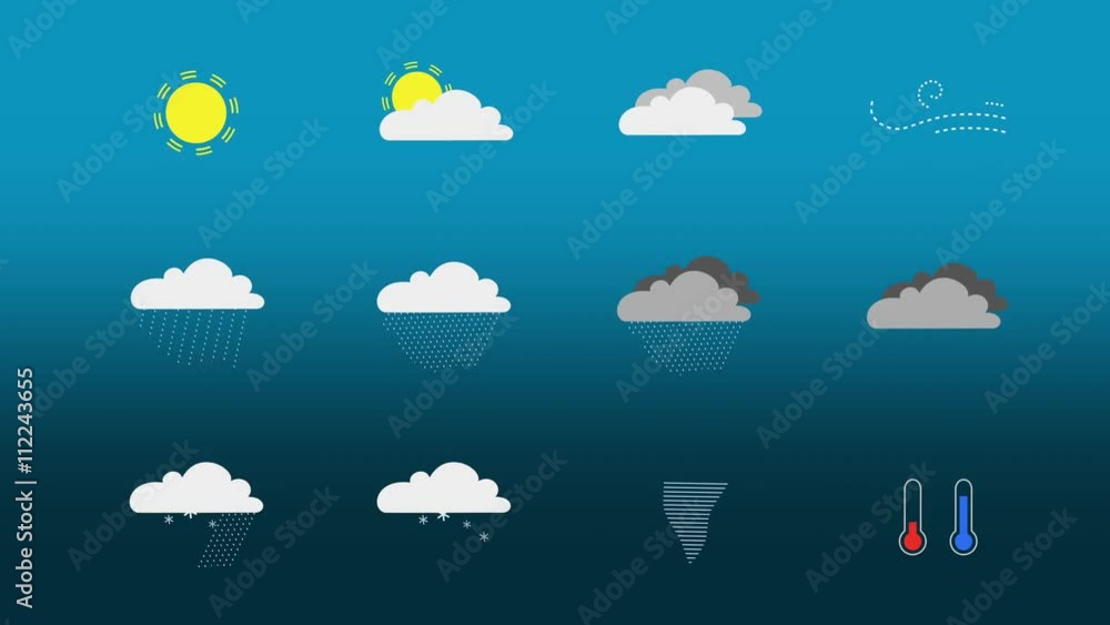 Weather animated set of icons or symbols. Loop with alpha matte. Flat ...