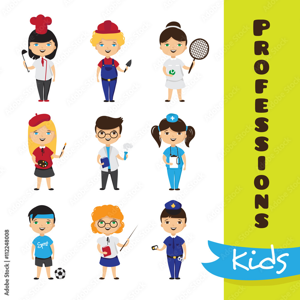 Vector set of cute cartoon kids in different professions. Children ...