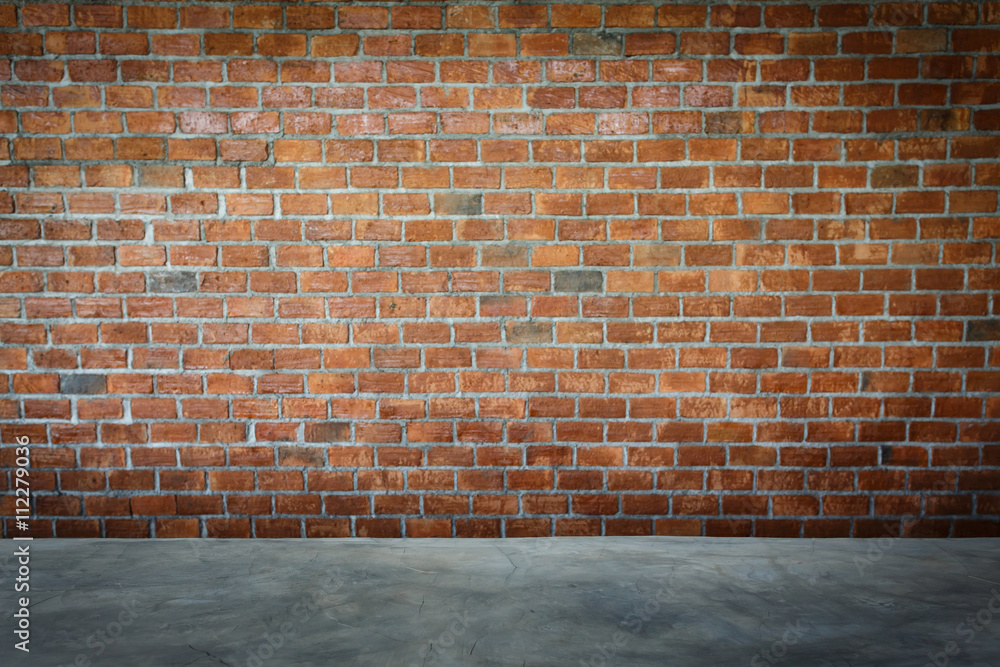 cement counter bar with brick wall, display shelf of product bac Stock ...