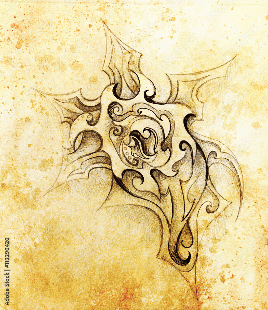 Ornamental Drawing. Original hand draw and computer collage. Color ...