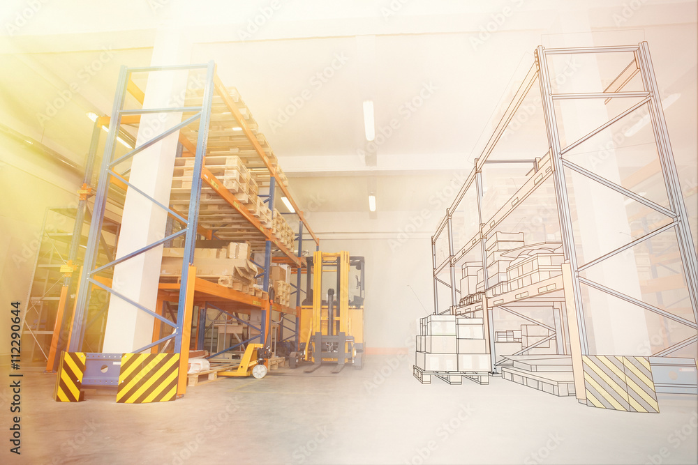 drawing combined with shelves and racks with pallets in distribu Stock ...