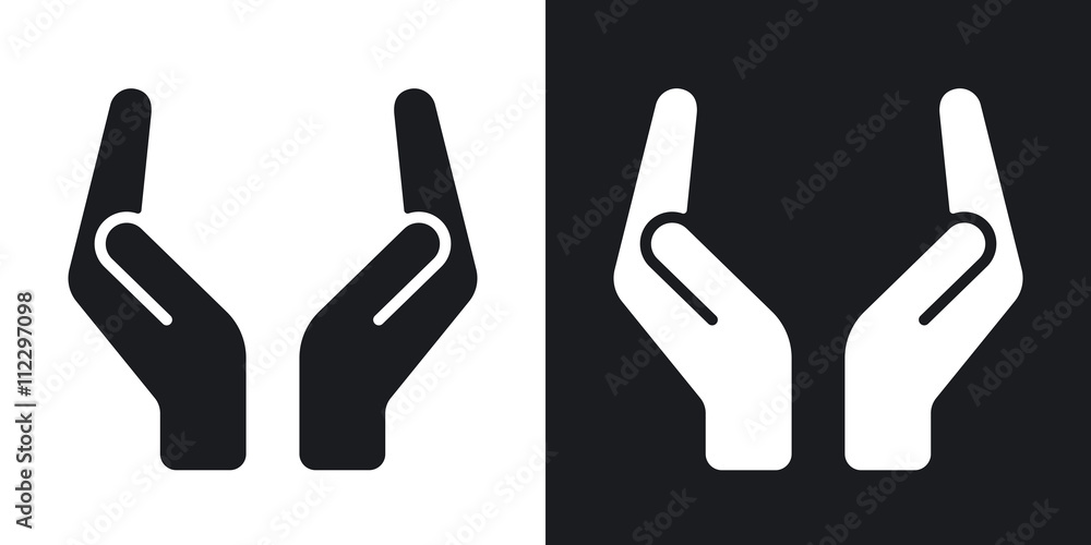 Vector two protecting hands icon. Two-tone version on black and white ...