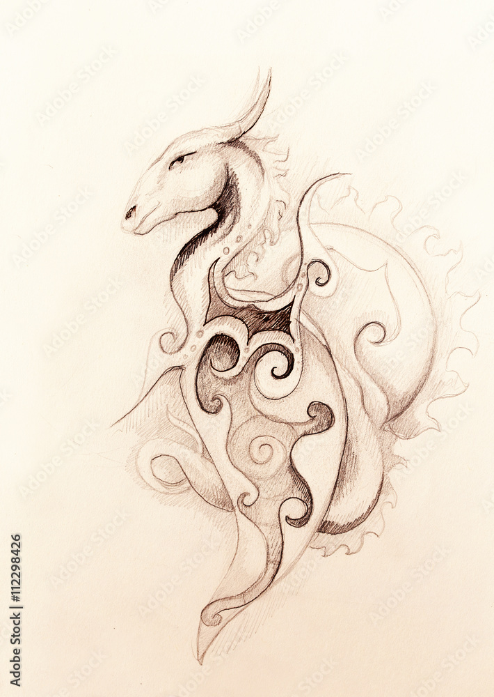 drawing of ornamental dragon and sun on old paper background. Stock ...