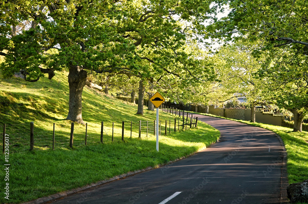 Road in a public park in lush surroundings with a road sign Stock Photo ...