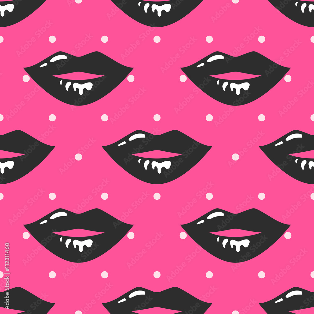 Pin up girl style wet lipstick lips seamless vector pattern. Rose pink ...