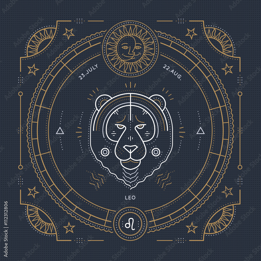 Vintage thin line Leo zodiac sign label. Retro vector astrological ...