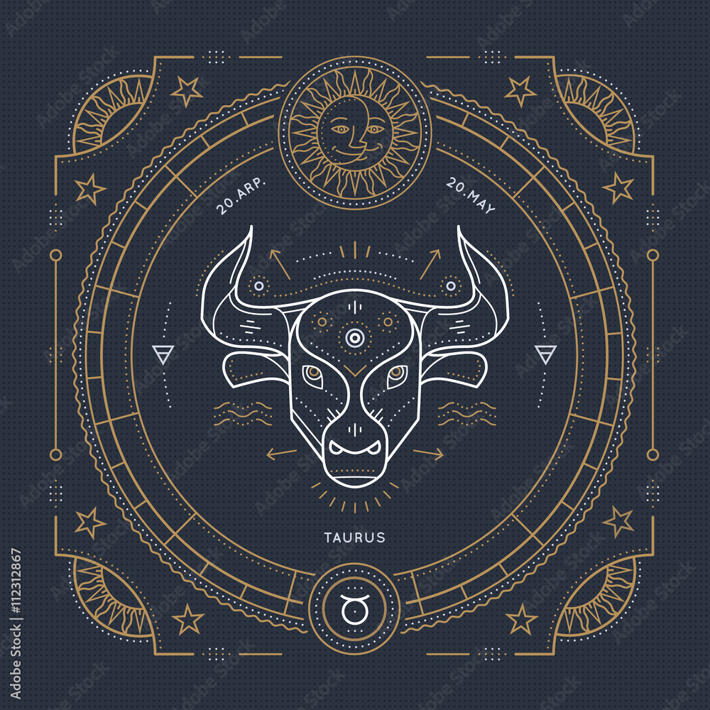 Vintage thin line Taurus zodiac sign label. Retro vector astrological ...