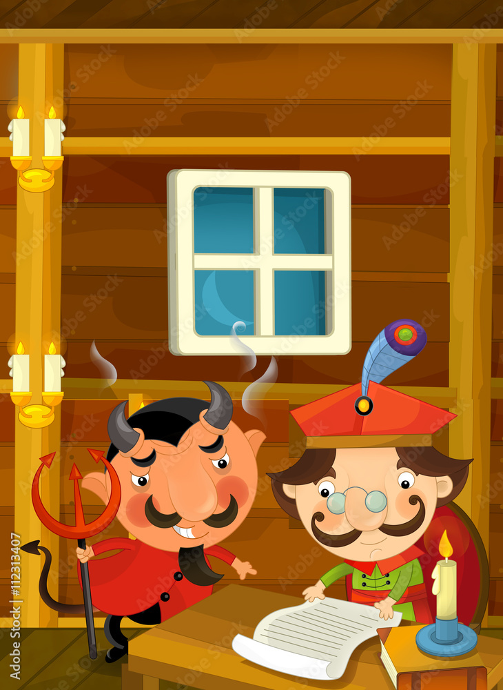Cartoon scene of devil encouraging nobleman to sign some paper ...
