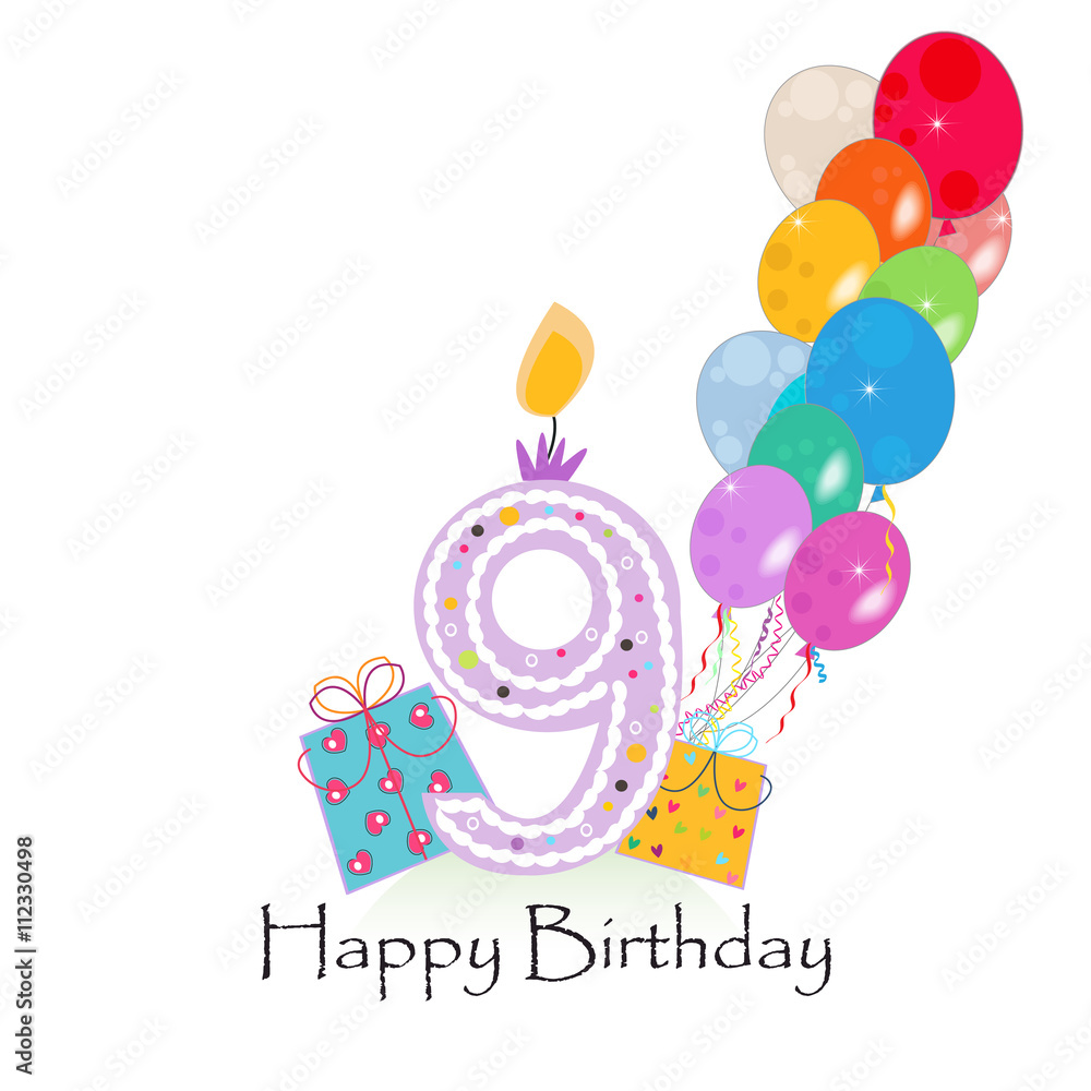 Poster Happy ninth birthday candle vector with colorful confetti and ...