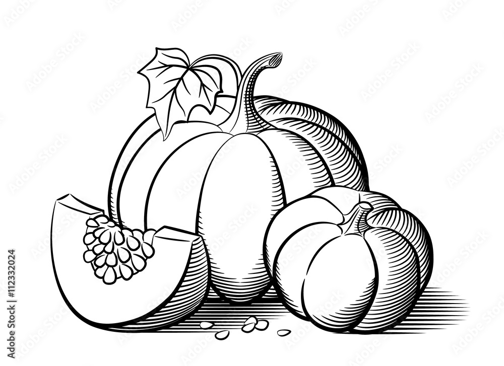 Stylized image of pumpkins. Big pumpkin, small pumpkin and pumkin slice ...