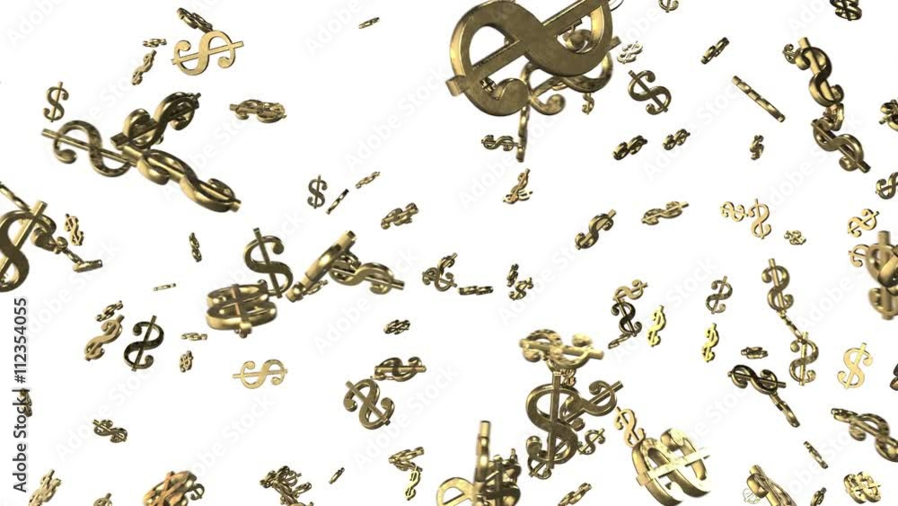Looped animated background with chaotic spinning 3d golden dollar marks ...