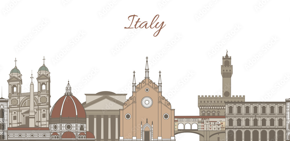 vector colored template with composition with famous landmarks of Italy ...