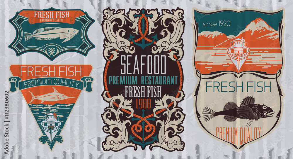 Vintage set of fish - vector. Logo, badge or label design template ...