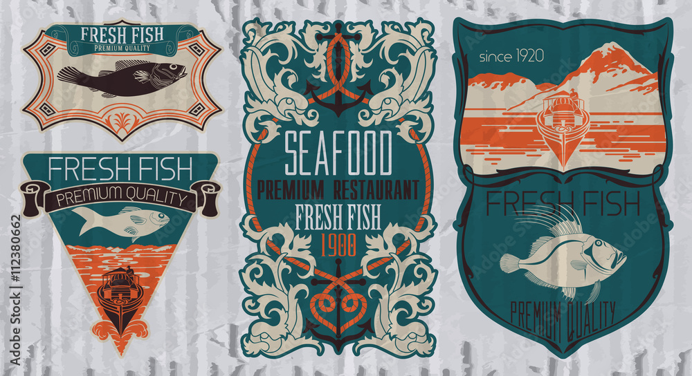 Vintage set of fish - vector. Logo, badge or label design template ...