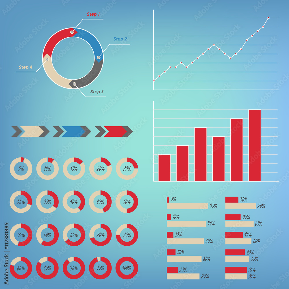 Vector Infographics Set. Pie, Graph, Line charts, arrow, circle 4 steps ...