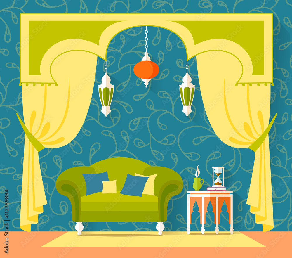 Living room interior design in Arabian or Indian style. Inetrior in a ...