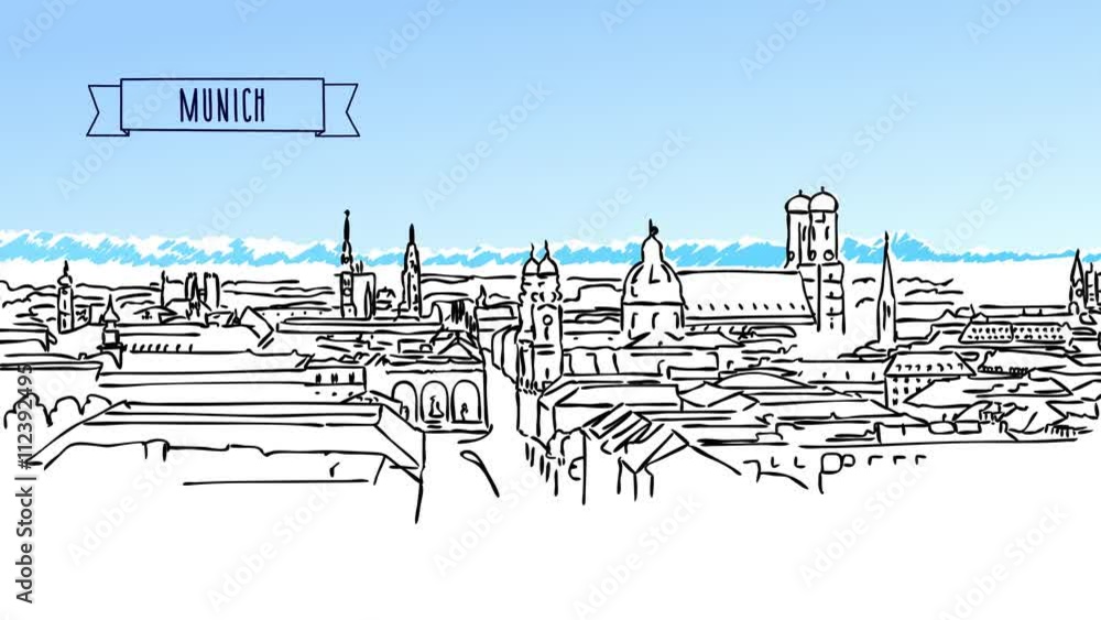 Munich Skyline with Alps in Background Animation, Hand Drawn Animated ...