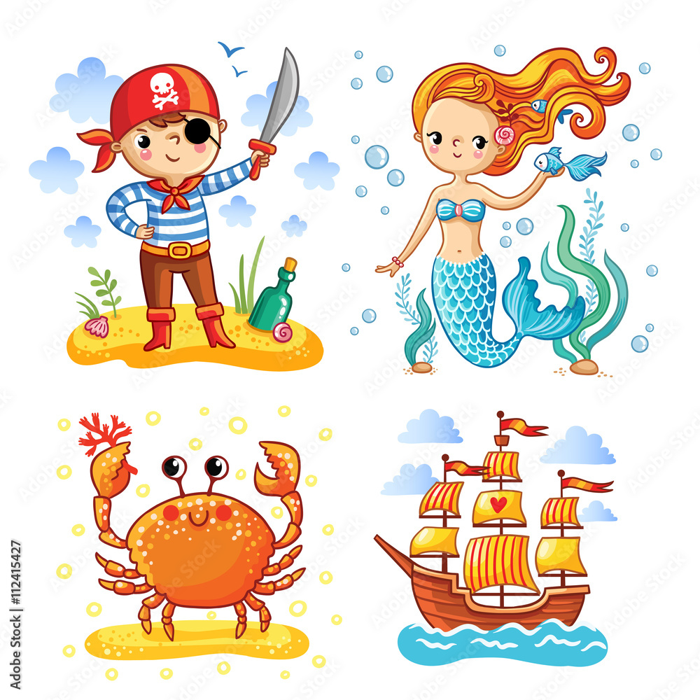 Set of vector illustrations on the theme of the sea and summer. Young ...