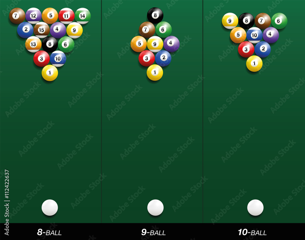 Billiard starting positions - eight-ball, nine-ball and ten-ball. Three ...
