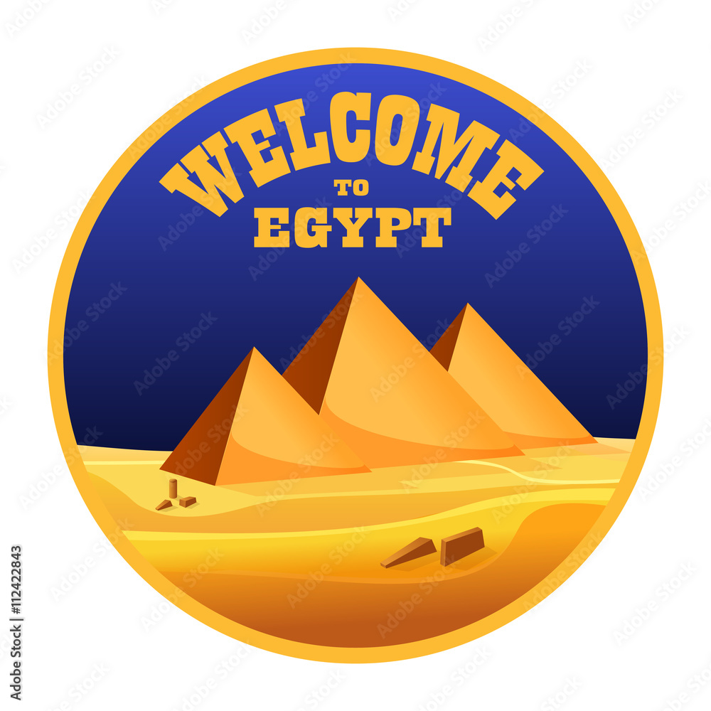 Cartoon "Welcome to Egypt" concept logo isolated. Egyptian pyramids in ...