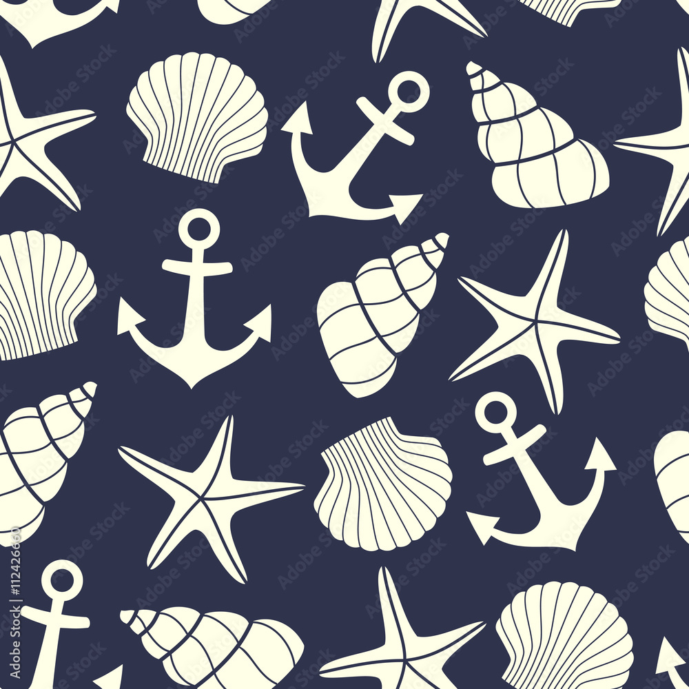 Nautical seamless pattern with starfish, shell, anchor on dark blue ...