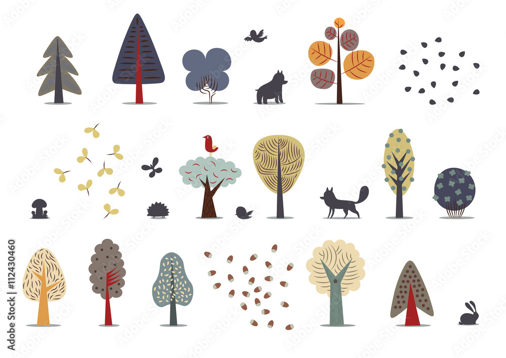 The vector illustration of flat forest elements - various trees, wild ...