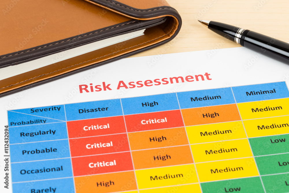 Poster Risk management matrix chart with pen and organizer book; docume ...