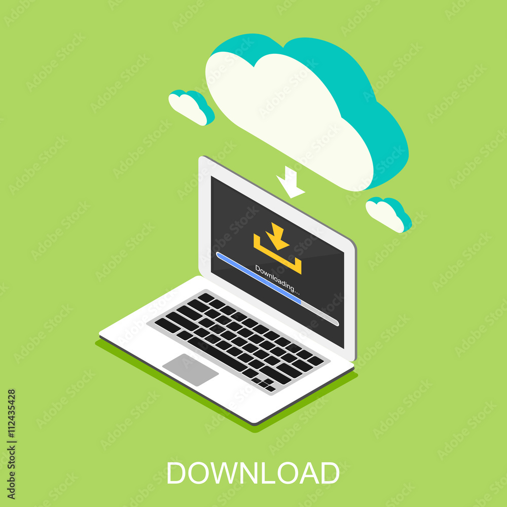 Downloading process on computer concept illustration. Isometric 3d flat ...