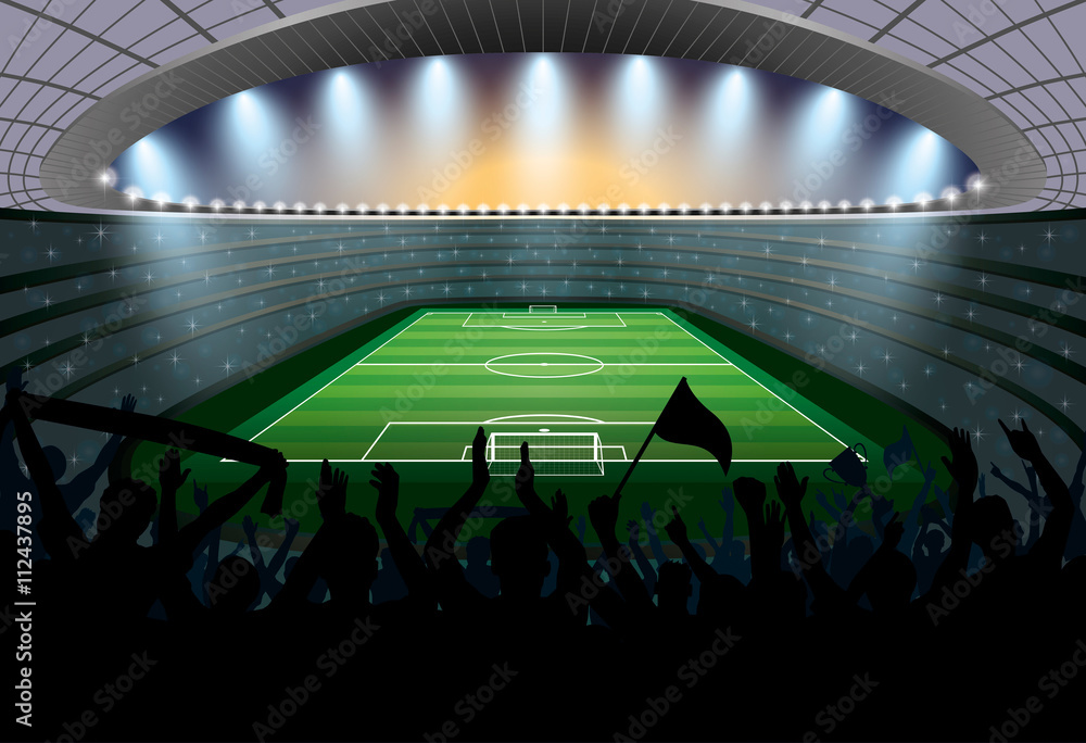 Excited crowd of people at a soccer stadium. Football stadium. Stock ...