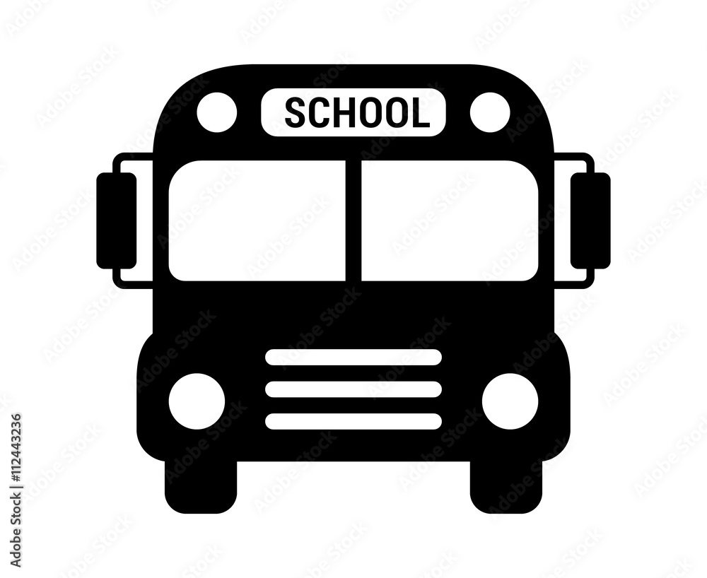 School bus or schoolbus transportation vehicle with label flat icon for ...