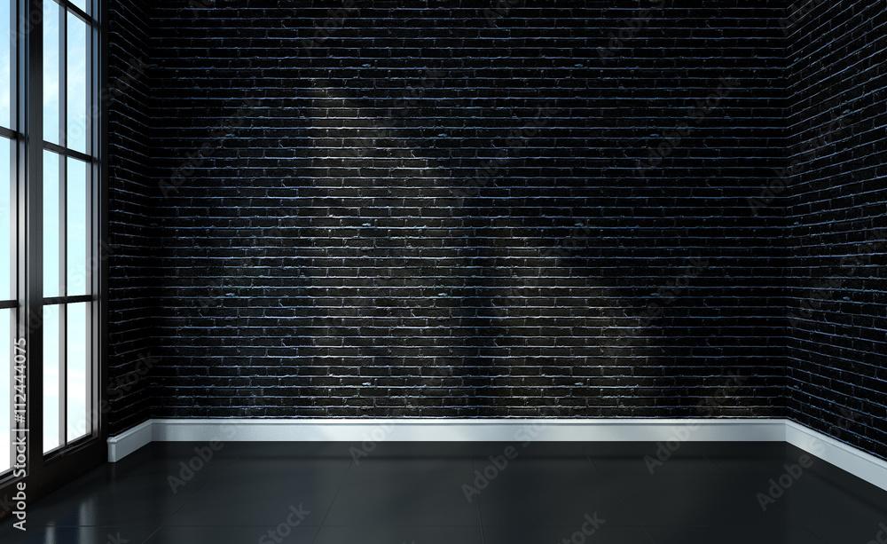 Empty Room Interior Black Brick Wall And Black Floor. 3d Render Stock ...