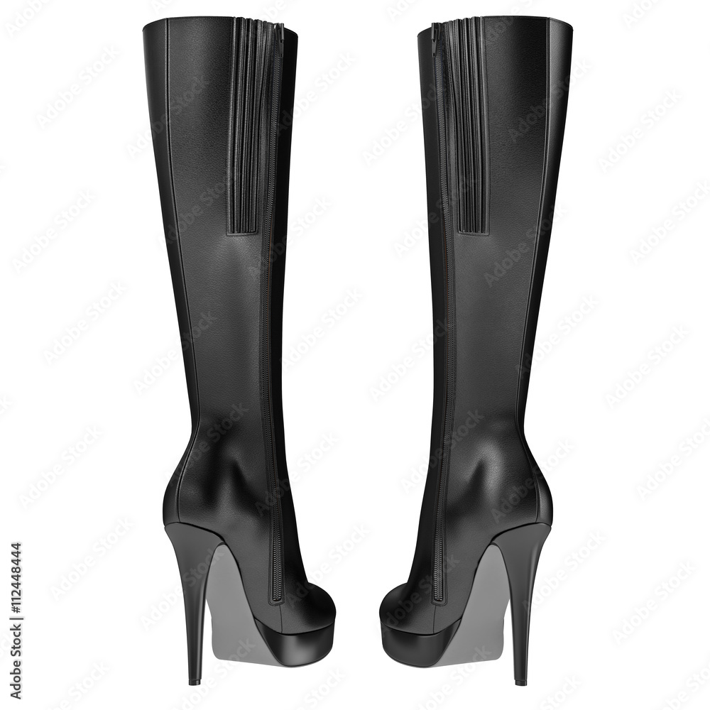 High boots women's leather black high heel, back view. 3D graphic Stock ...