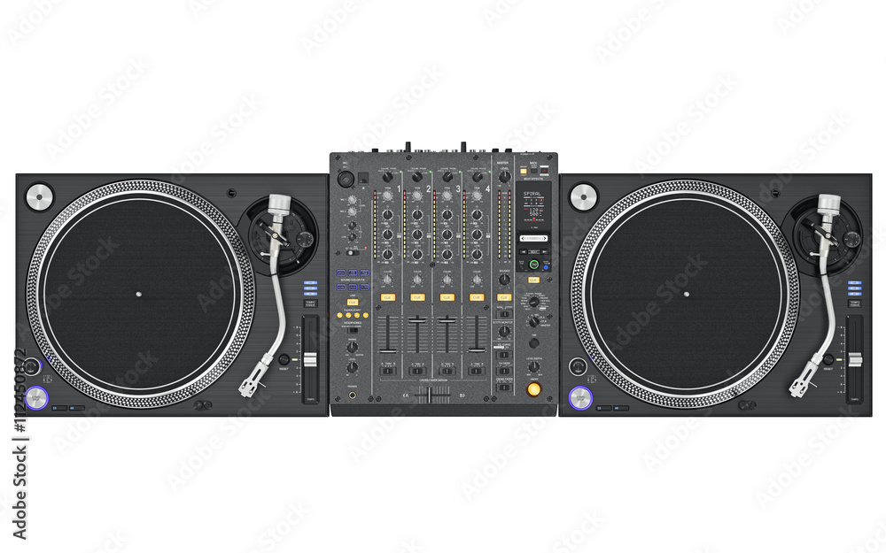 Set dj music mixer table, black professional equipment, top view. 3D ...