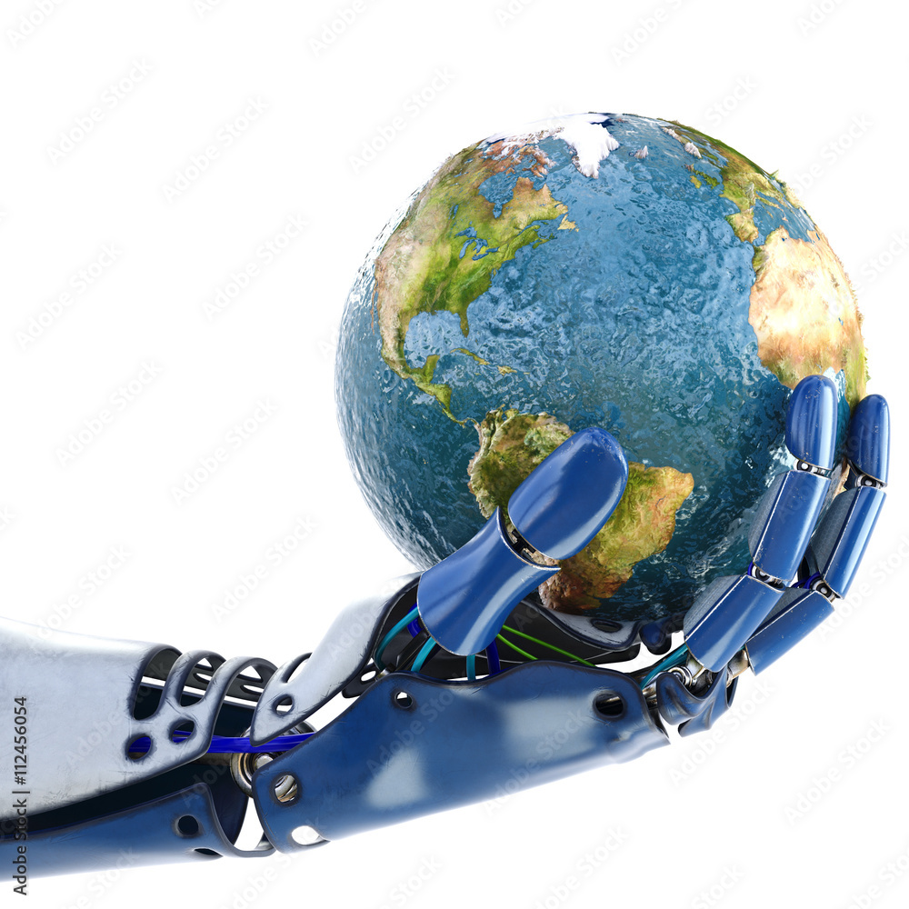 Hand of robot holding the Earth. isolated on white background. Earth ...